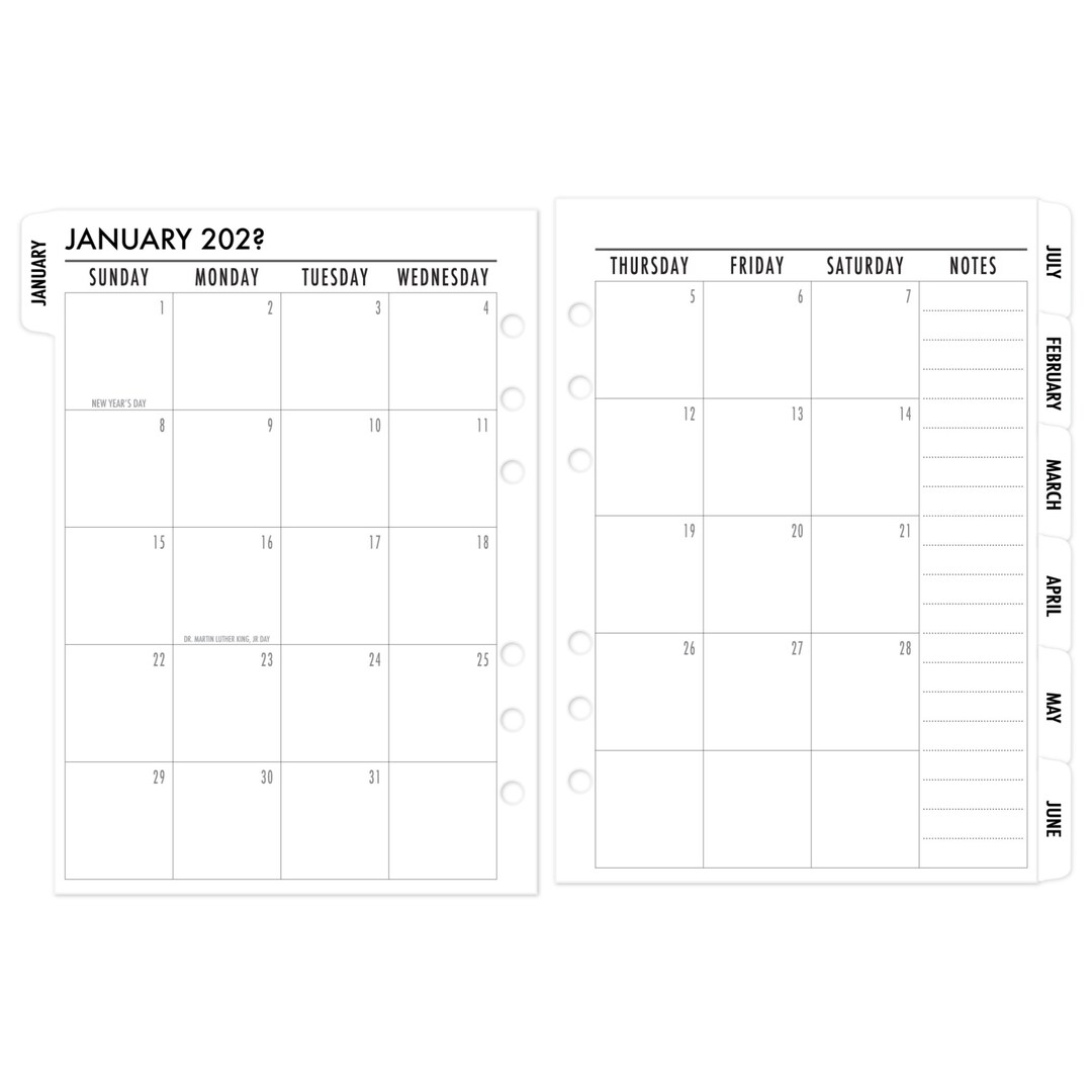 A5 Tabbed Month on 2 Pages Calendar Refill, 5.83 X 8.27, Printed Ring ...