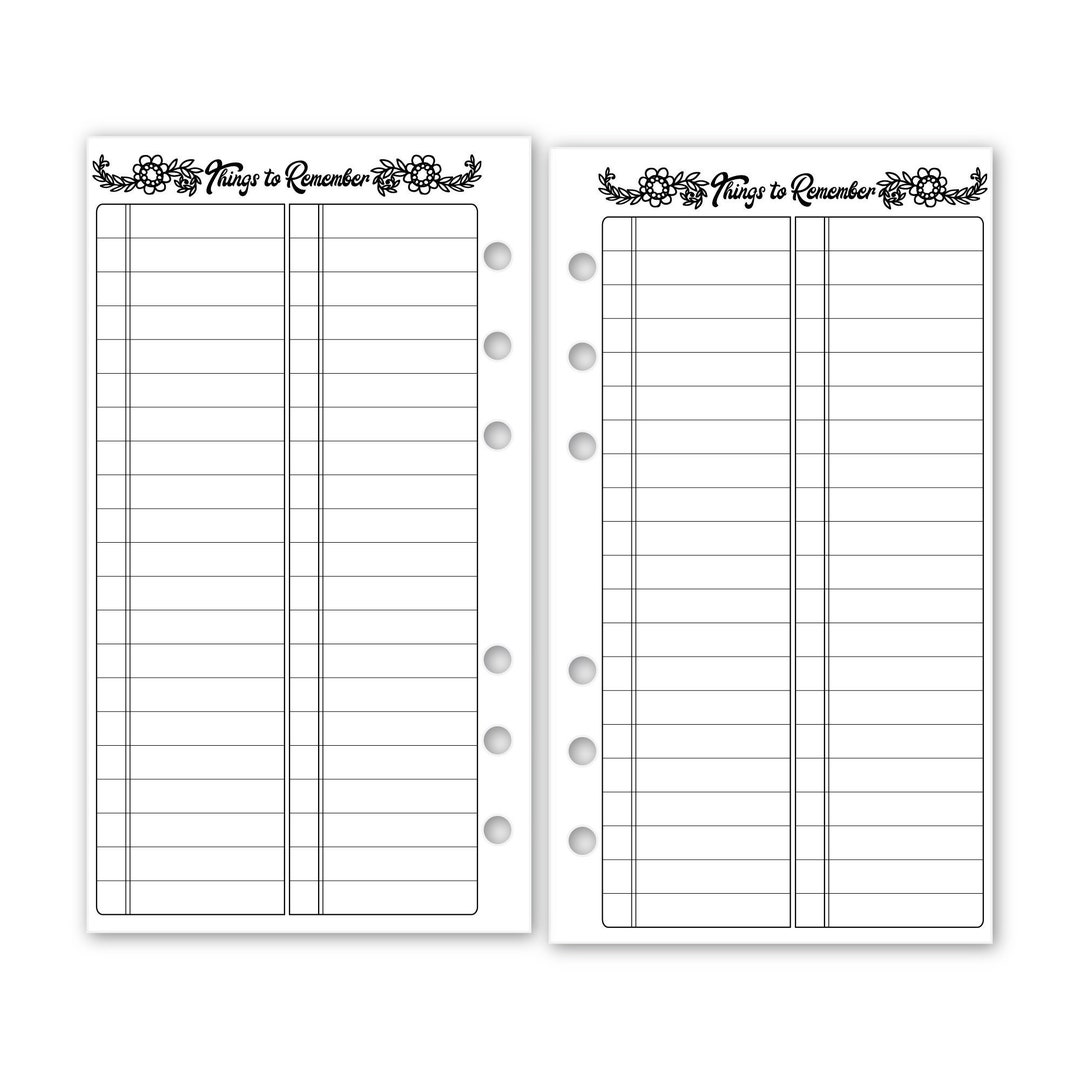 Printed Personal Rings Things to Remember Planner Refill, 3.74 X 6.73 ...