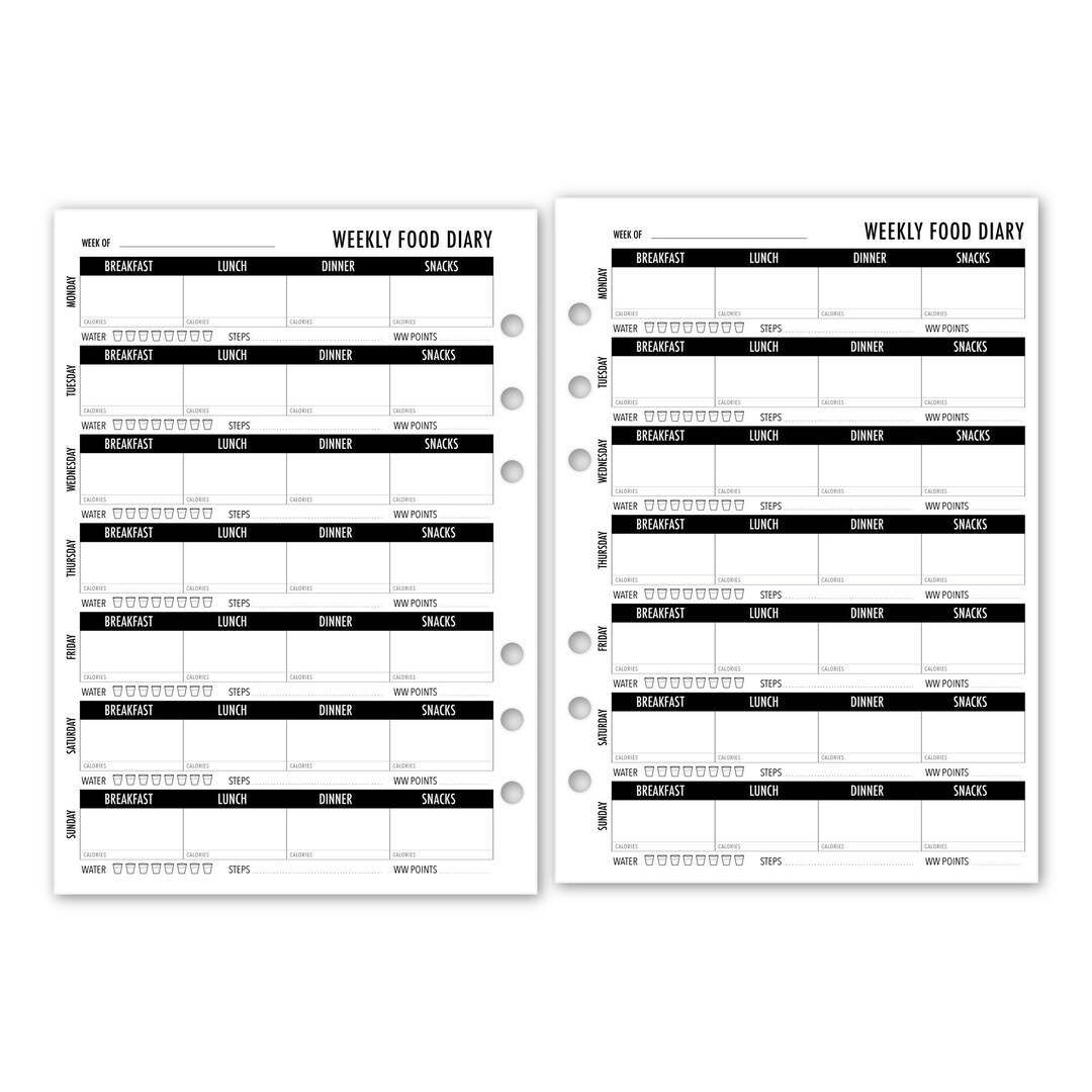Printed A5 Food Diary Planner Refill, 5.83 X 8.27 Inches, Ring Binder ...