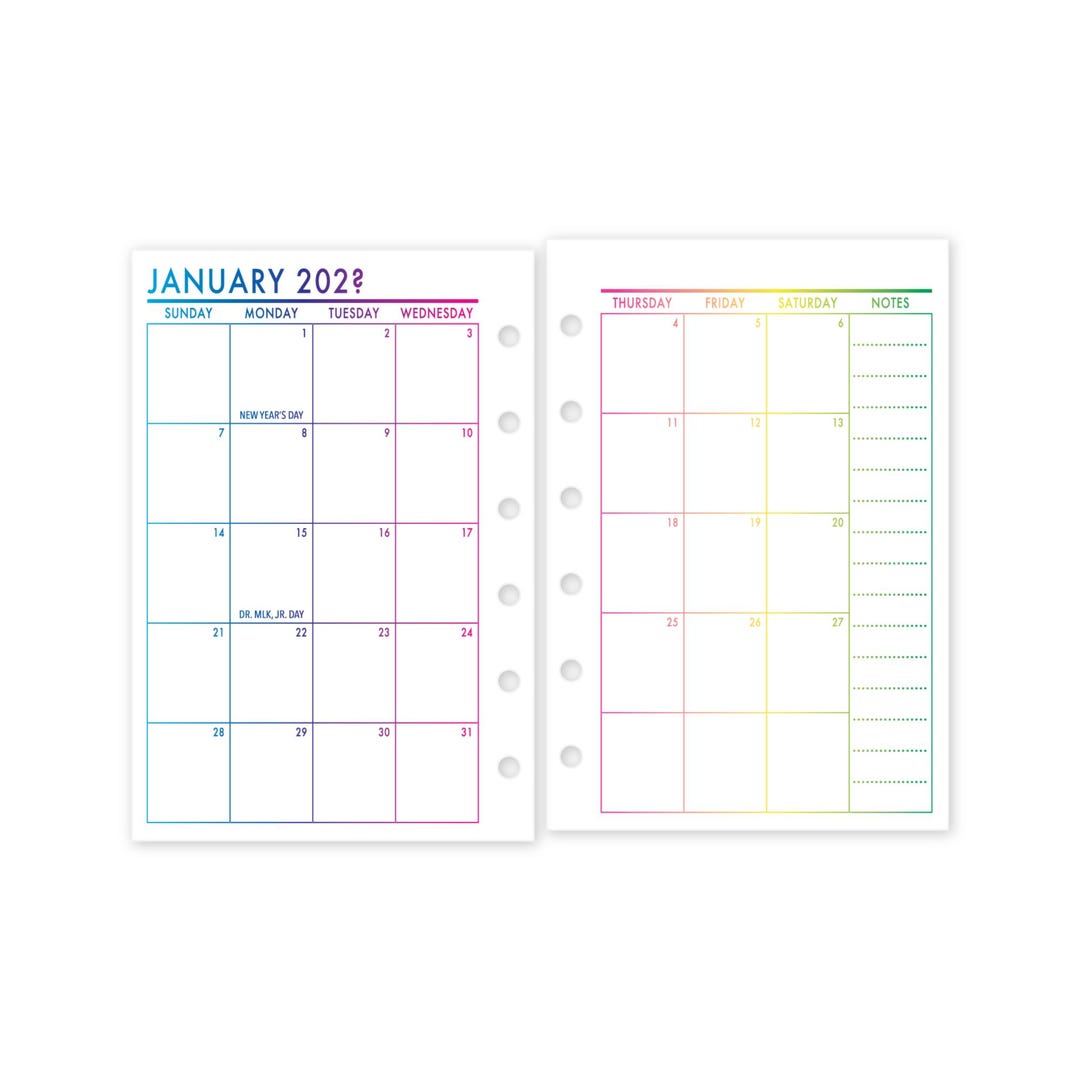 Pocket Rainbow Month on 2 Pages Calendar Refill, 3.2" X 4.7", 12 Dated ...