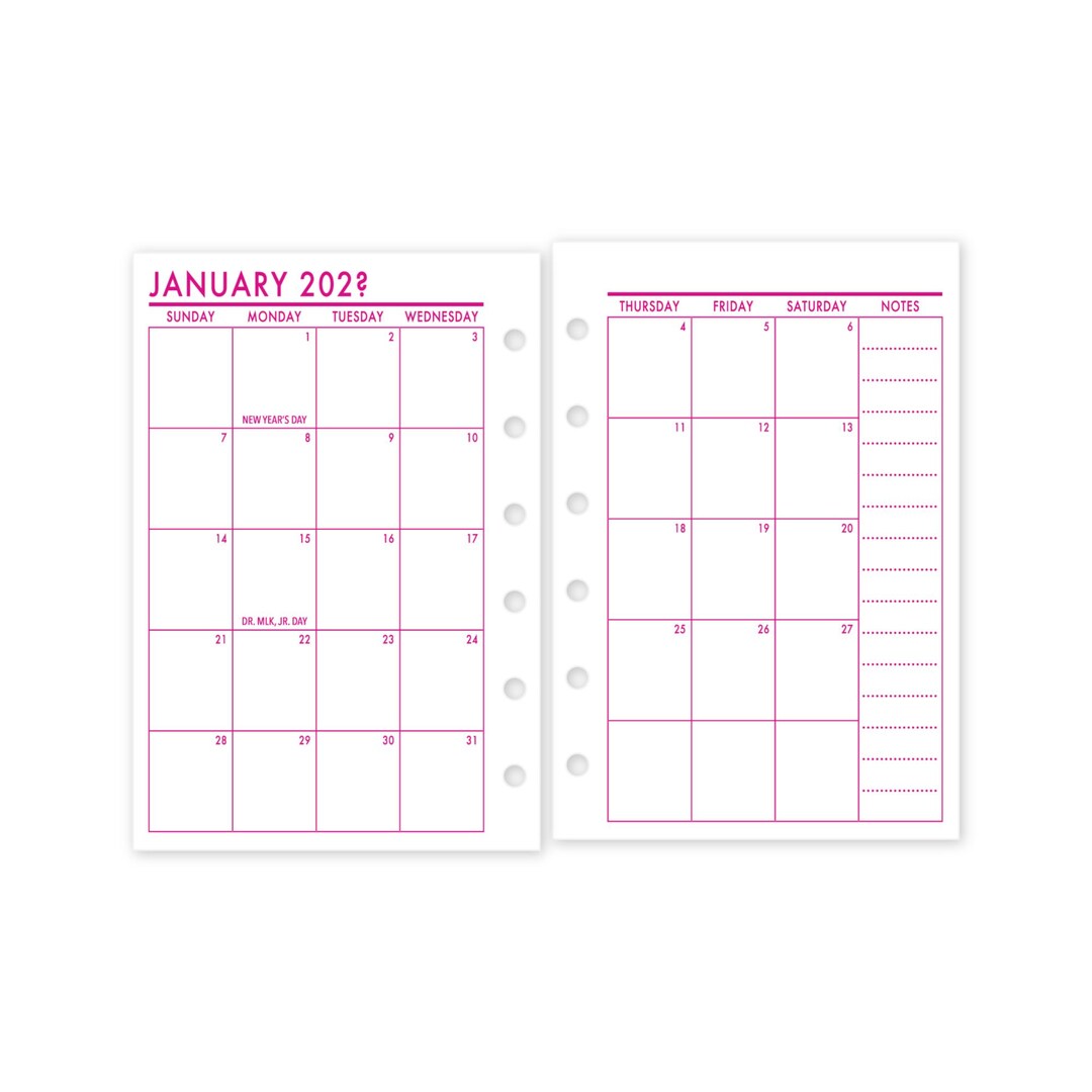Pocket Month on 2 Pages Planner Insert, Monthly Date Refill, Fuchsia ...