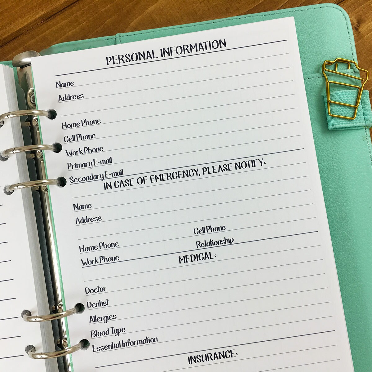 A5 Personal Information printed planner insert refill info