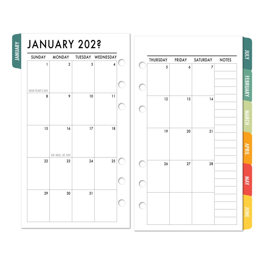 Printed Personal Size Tabbed Month on 2 Pages Calendar Refill Insert ...