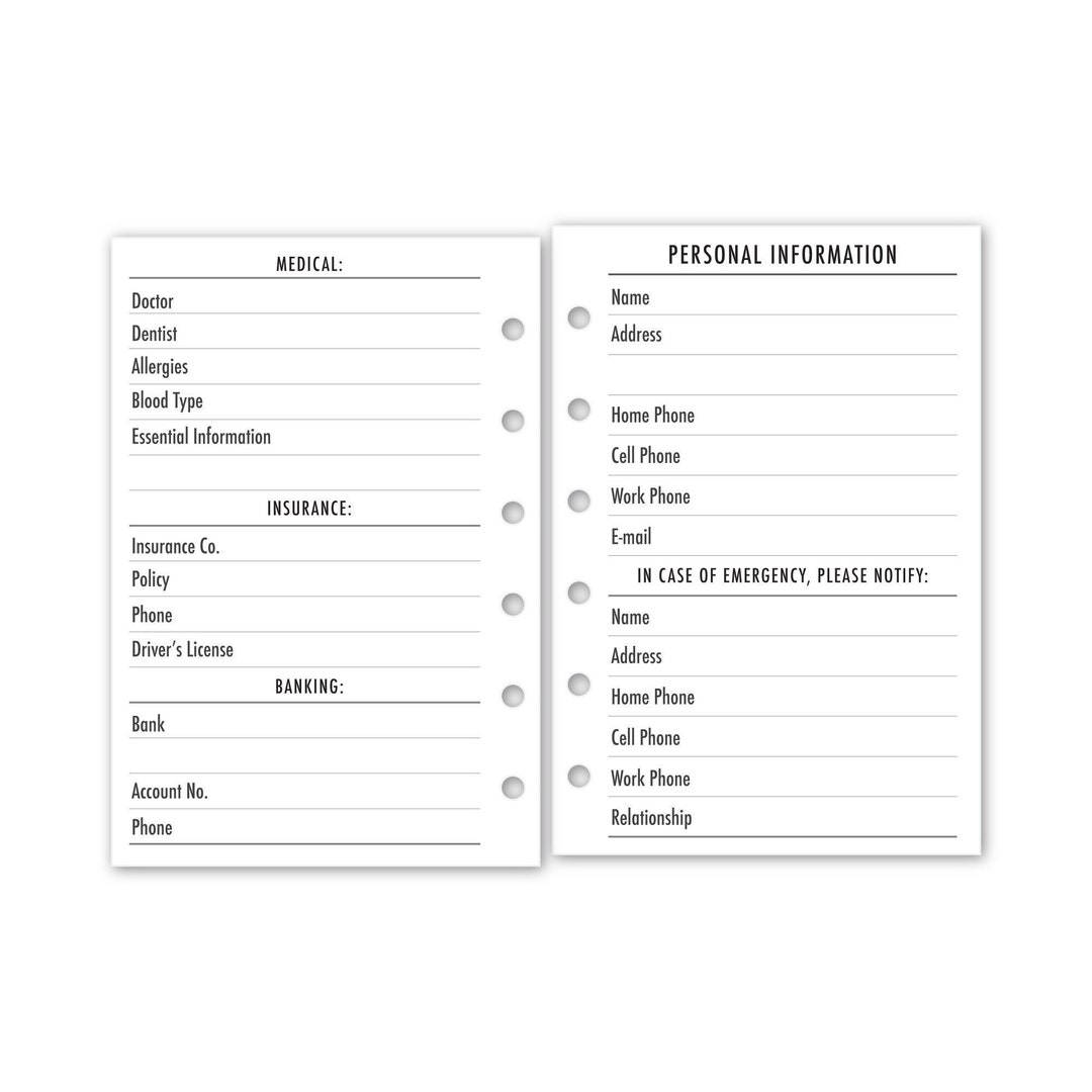 Printed Pocket Personal Information Page Planner Refill, 3.2 X 4.7, 3 ...