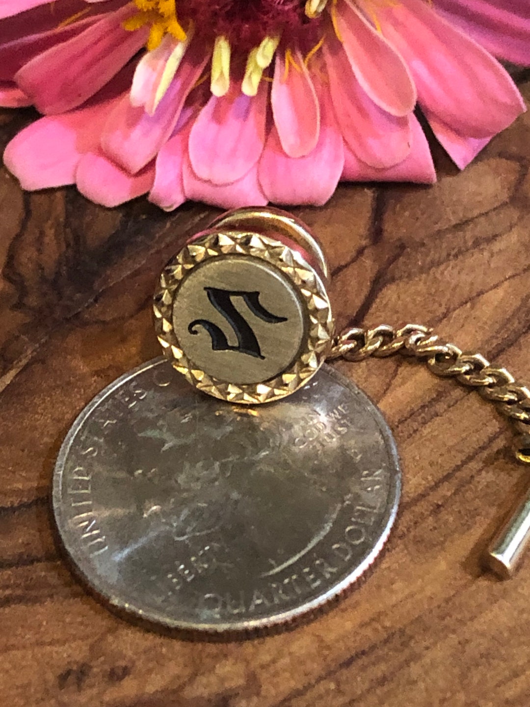 Monogram S Vintage Gold Tone Tie Tack With Safety Chain # ...