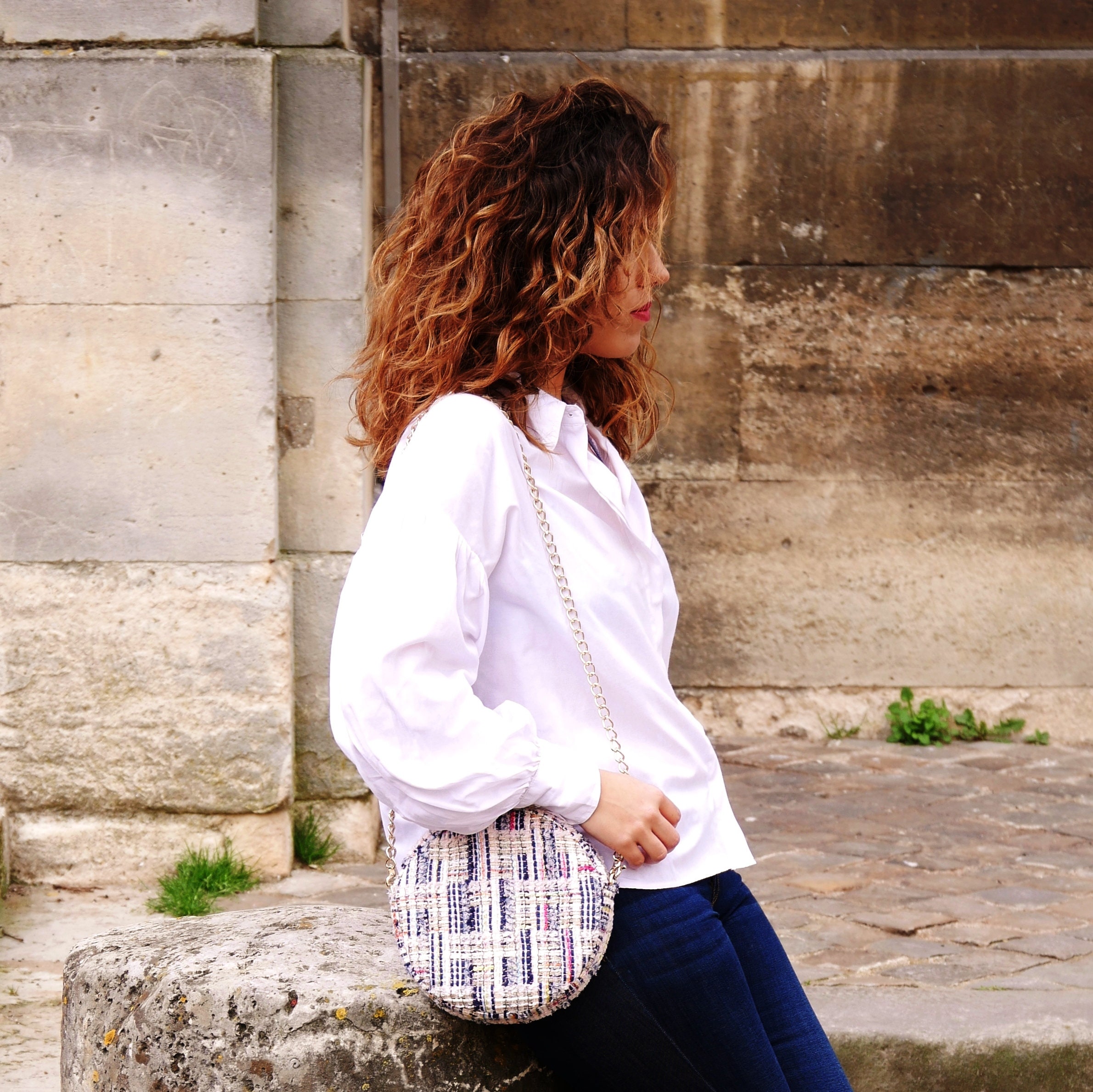 Sac bandoulière rond en tweed de luxe bleu marine, rose... Sac à main ...