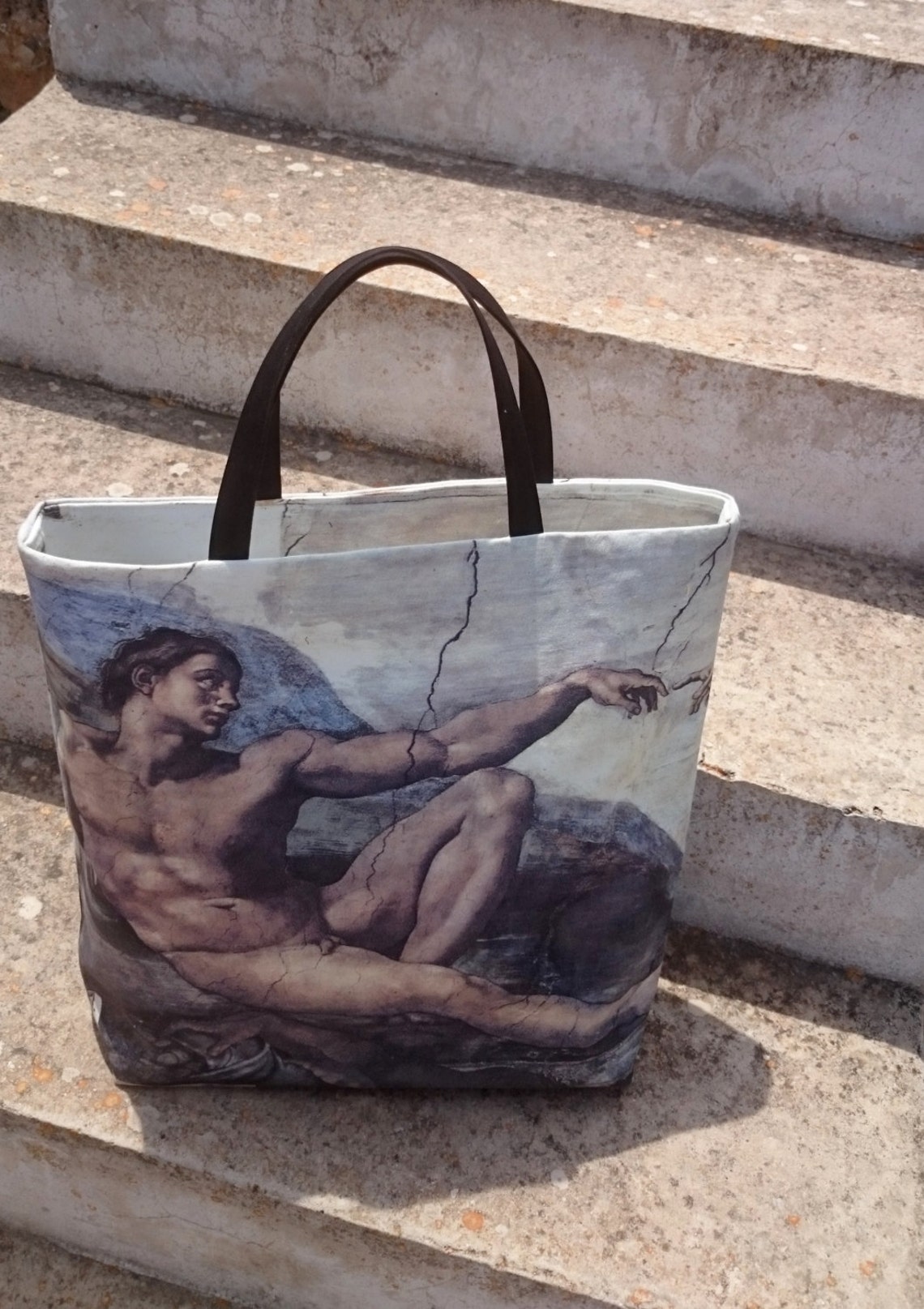 Tote bag Adam Michelangelo painting printed Beach bag | Etsy