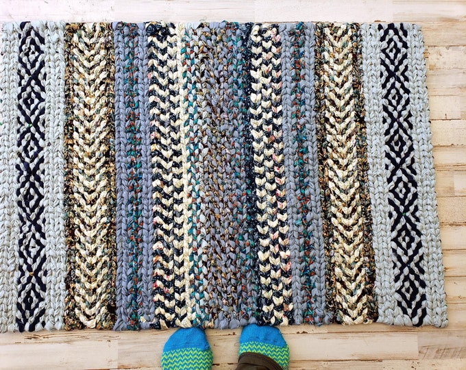 Blue Twined Rag Rug, Handwoven With Recycled Cotton Fabrics - Etsy