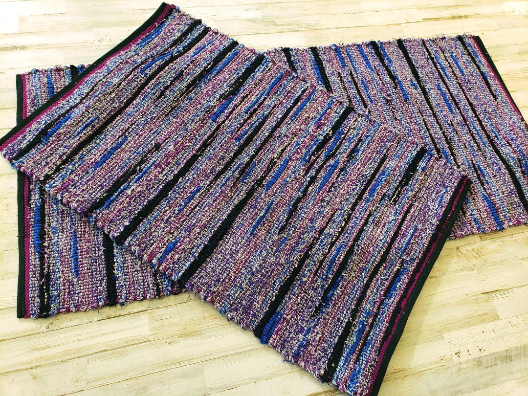 Pair of Thick Cotton Woven Rag Rugs, Blue, Purple and Black - Etsy