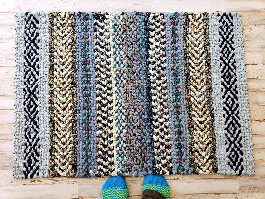 Blue Twined Rag Rug, Handwoven With Recycled Cotton Fabrics - Etsy