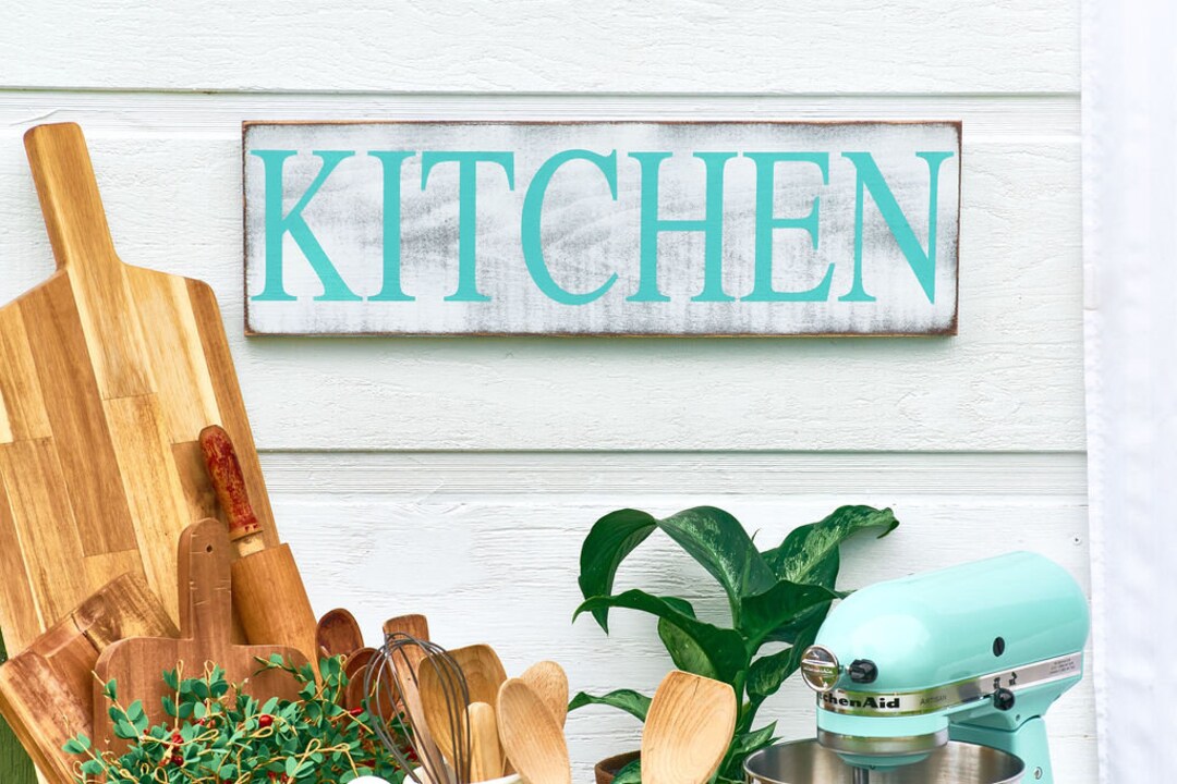 Distressed Kitchen Signs Rustic, Blue Kitchen Sign Wood, Whitewashed ...