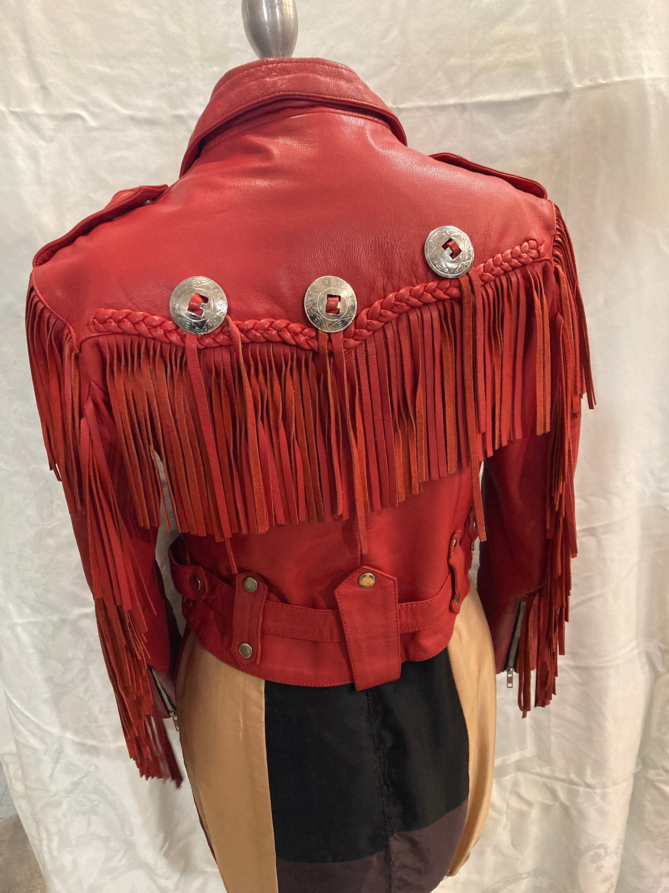 Vtg 1980s FIRST Red Leather Fringe Western Cowboy Womens Jacket Sz ...