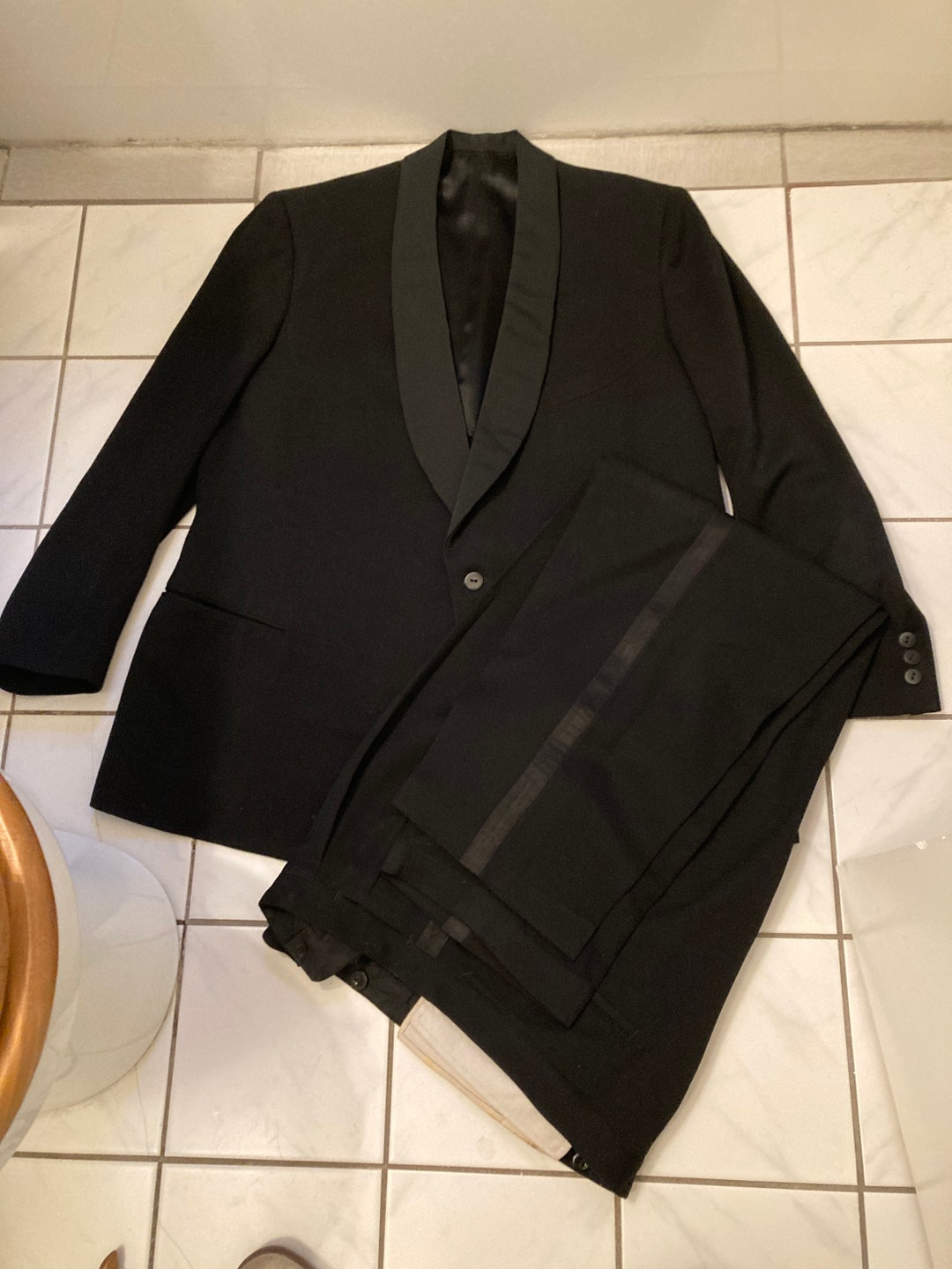 Vtg 1952 Tuxedo wedding mourning opera rockabilly shawl collar trouser ...