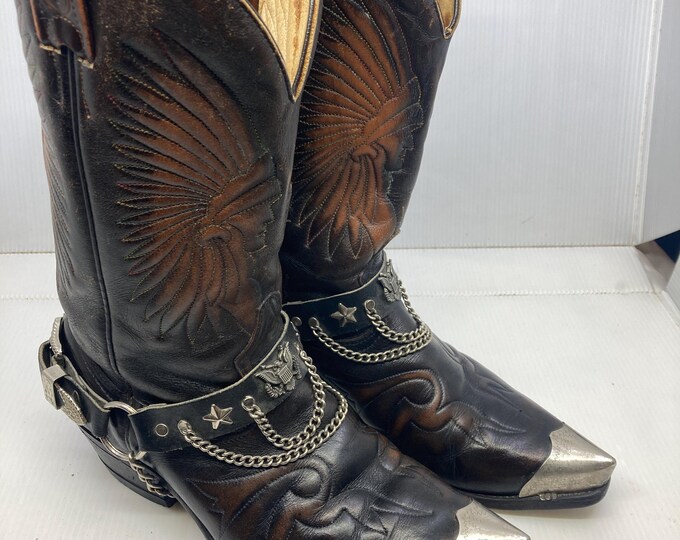 Vtg 1980 BOULET Western Cowboy Rockabilly Dark Brown Harness Metal Tips ...