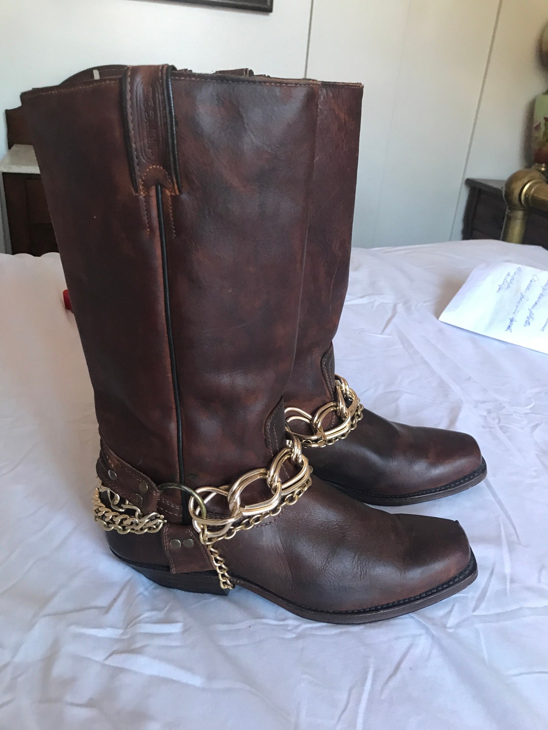 Vtg '90 BOULET Gold Metal Harness Square Toe Rockabilly Biker ...