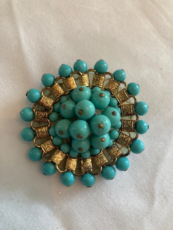 Vtg MIRIAM HASKELL Turquoise Glass Beads Brass Brooch - Etsy