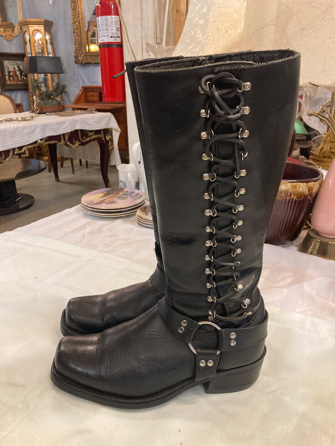 Vtg HARLEY DAVIDSON Laced Knee Motorcycle Biker Fetish Leather Mens ...