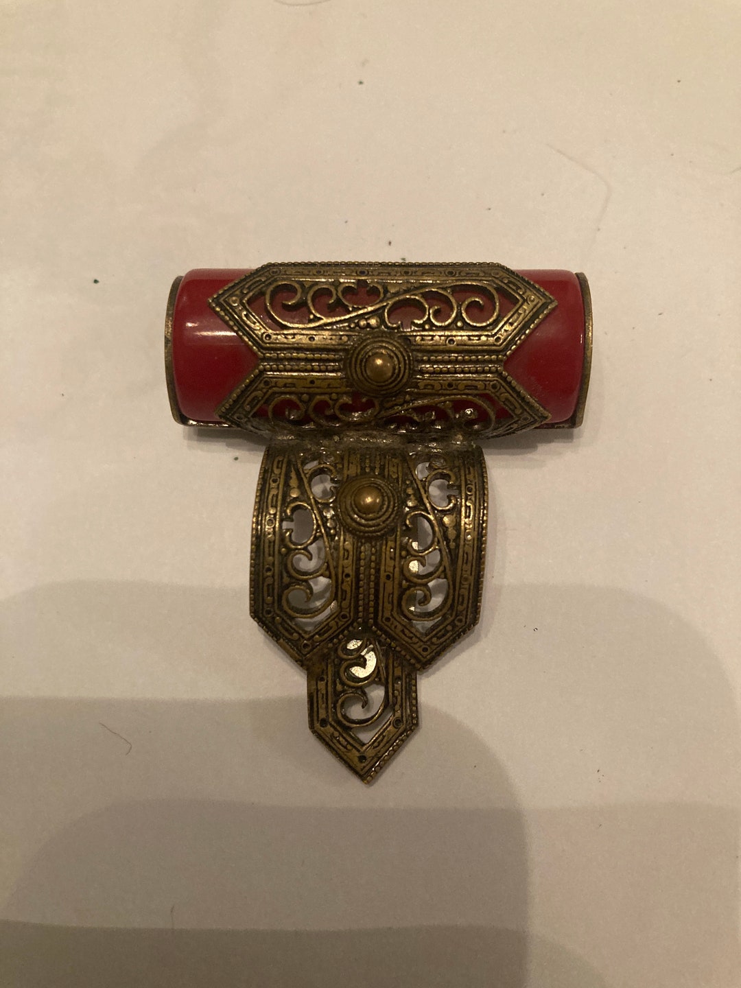 Vtg 1920s LOUIS ROUSSELET FRANCE Red Glass Art Deco Brass Filigree Fur ...