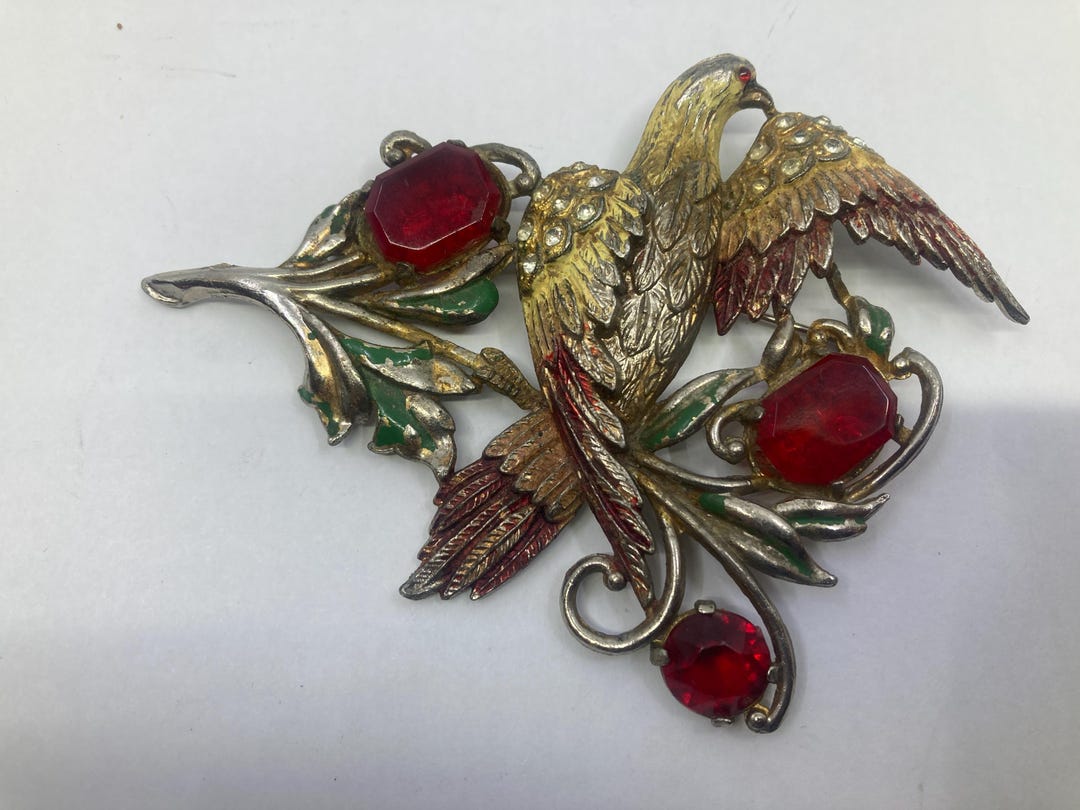 Vtg 1940 CORO Enamel Bird Eagle Rhinestone Pewter Chunky 4" Brooch - Etsy