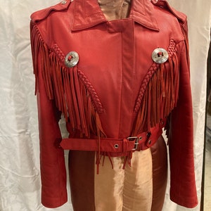 Vtg 1980s FIRST Red Leather Fringe Western Cowboy Womens Jacket Sz ...