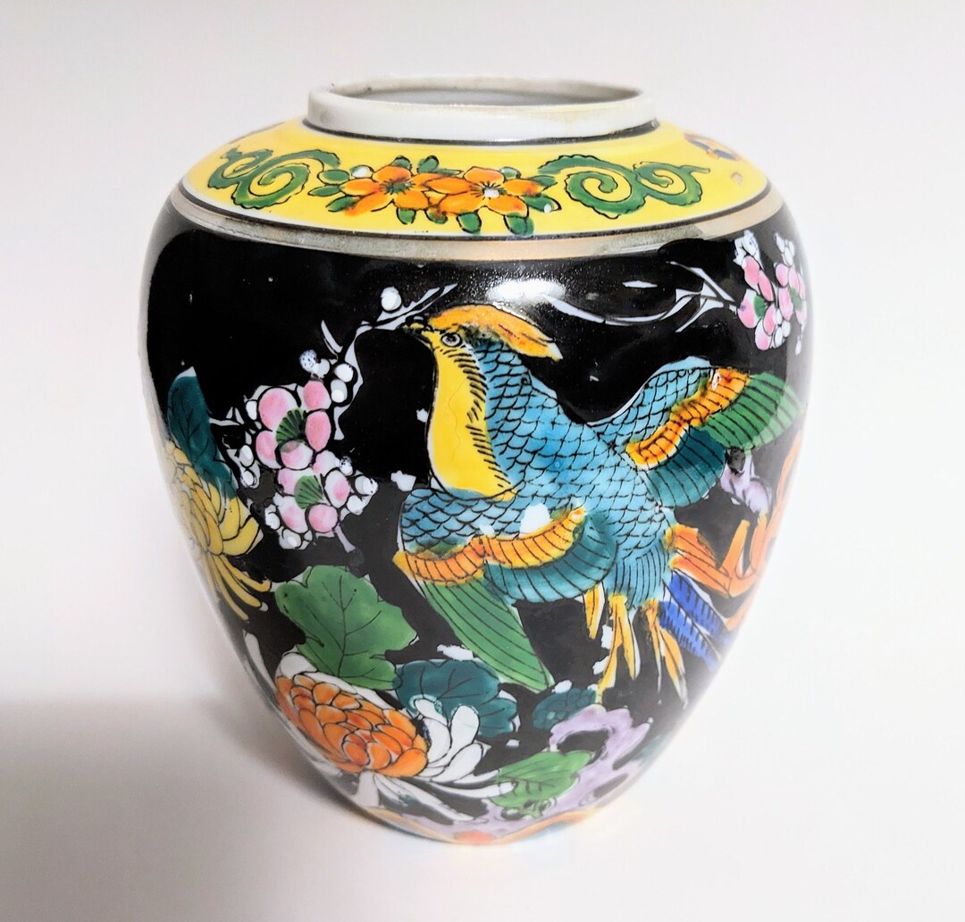 Vintage 6.25'' Porcelain Asian Style Hand Painted Bird and Flowers Vase ...