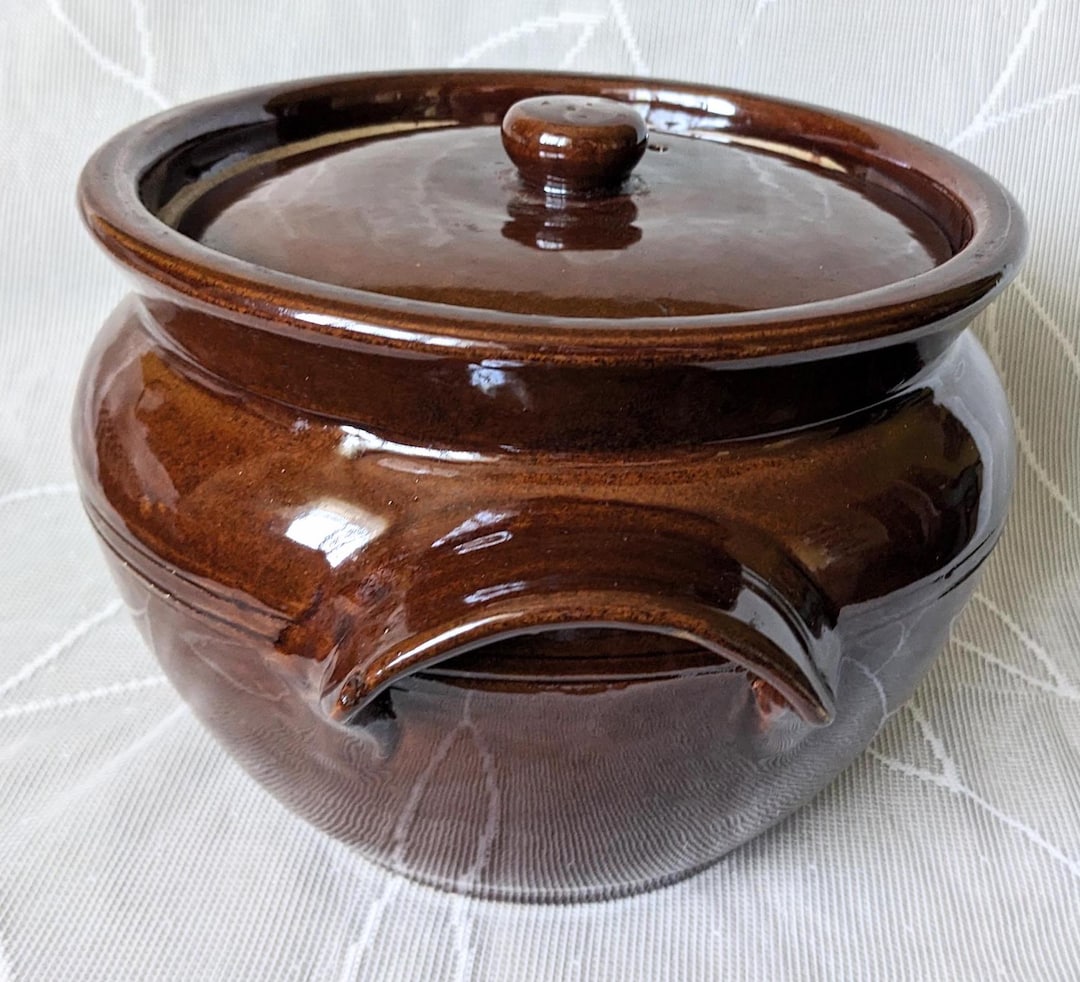 Vintage Brown Glaze Stoneware Crock Bean Pot With Handles and Lid ...