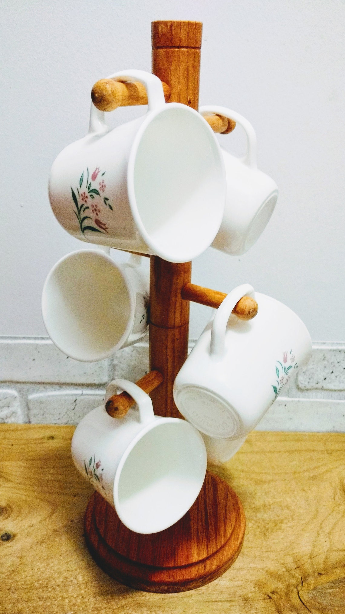 Vintage Solid Wood Mug Rack Holds 6 Cups / Rustic Decor / Wood Mug Tree ...