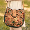 Yellow Bird Pattern Leather Round Crossbody Bag for Women, Unique Hmong ...