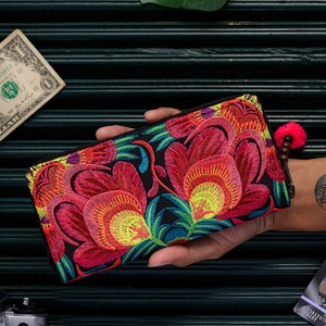 Red Flower Boho Wallet for Women, Hmong Embroidered Purse, Bohemian ...