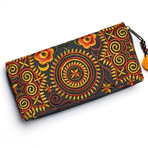 Yellow Boho Wallet for Women With Hmong Tribe Embroidered Zigzag ...