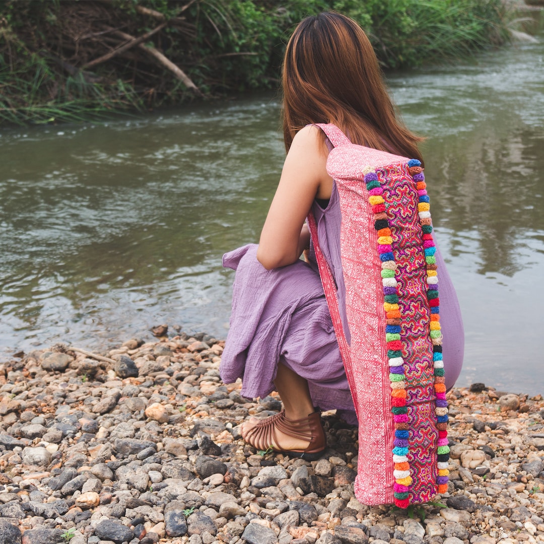 Red Batik Yoga Mat Bag for Women, Unique Vintage Hmong Embroidered Yoga ...