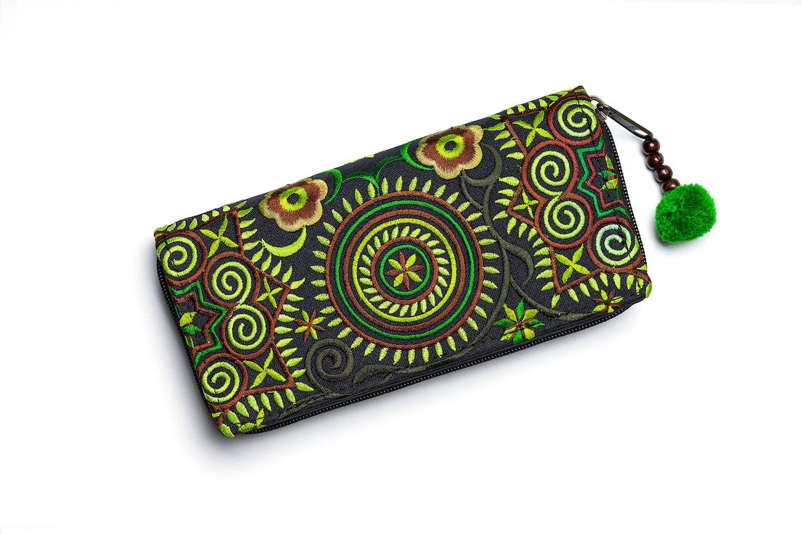 Green Zigzag Pattern Hmong Embroidered Wallet Handbag Boho - Etsy