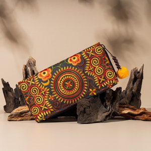 Yellow Boho Wallet for Women With Hmong Tribe Embroidered Zigzag ...