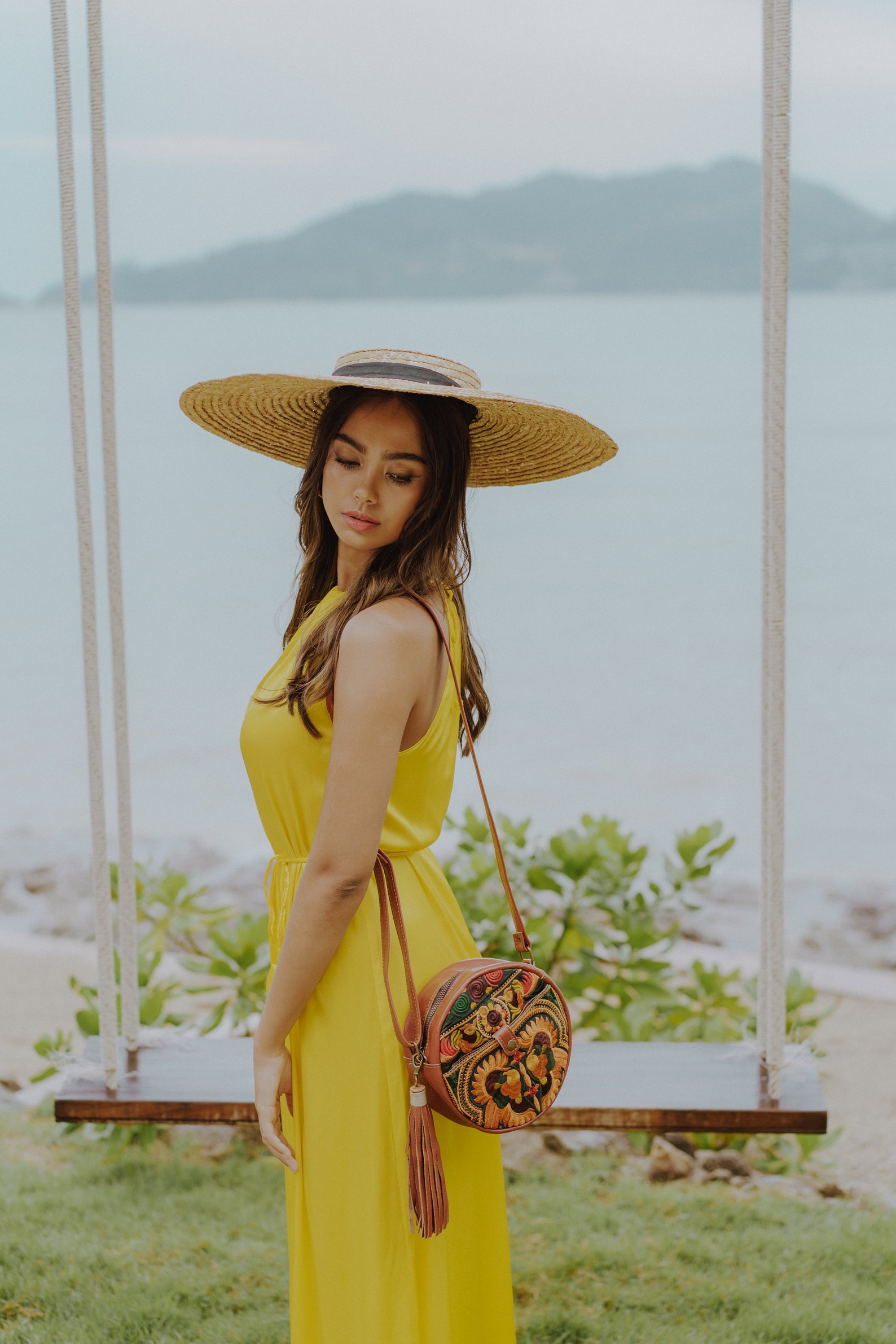 Yellow Bird Pattern Leather Round Crossbody Bag for Women, Unique Hmong ...