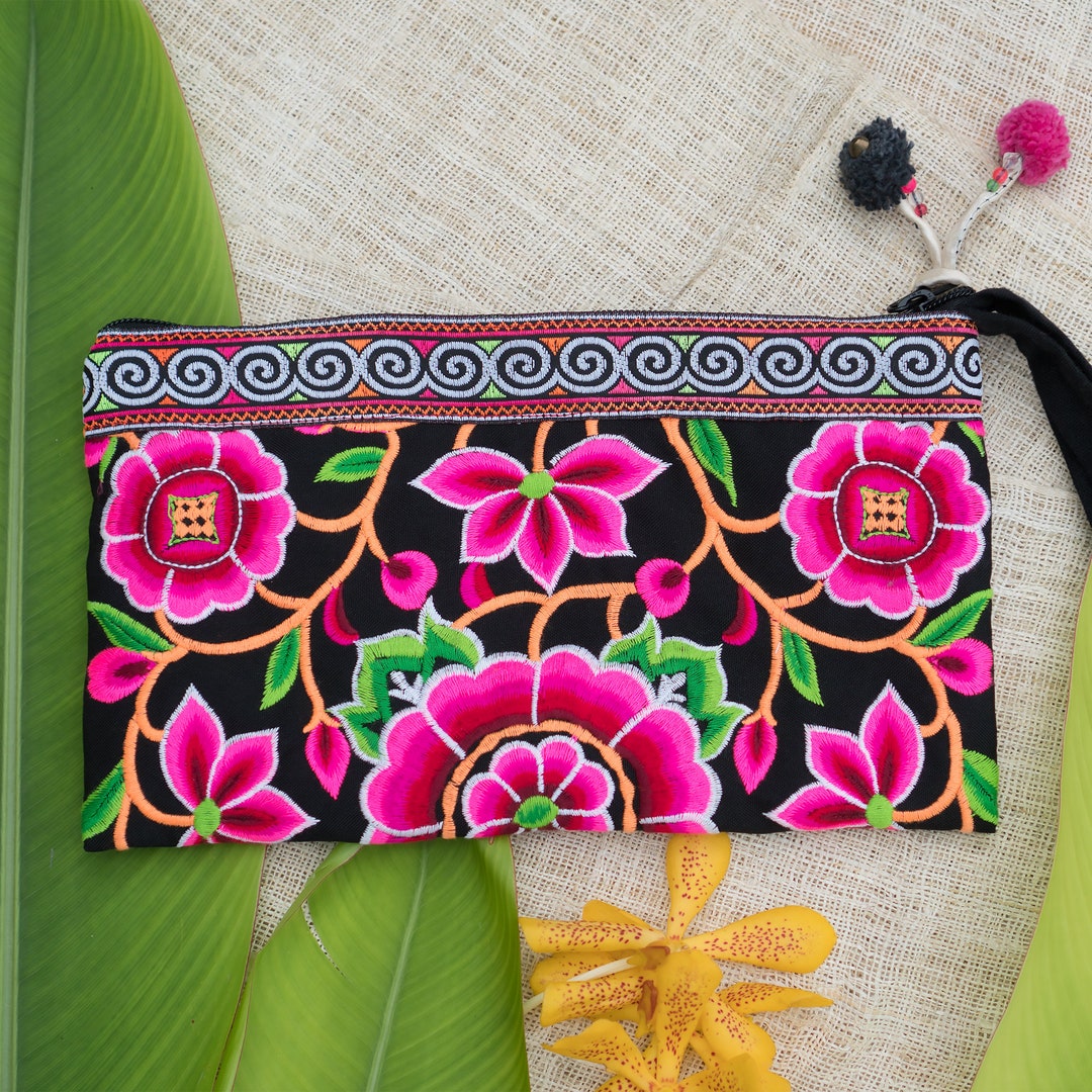 Black Flower Hmong Clutch Bag, Artisan Handbag, Festival Purse From ...