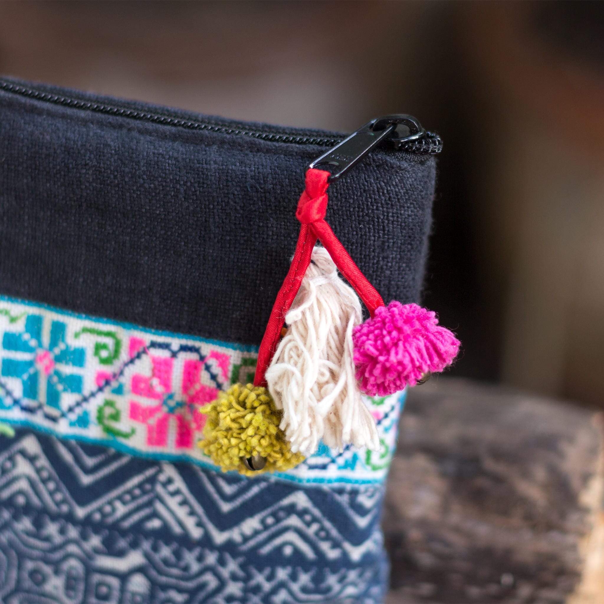 Blue Hmong Pom Pom Clutch Unique Tribal Embroidered With Batik Fabric ...