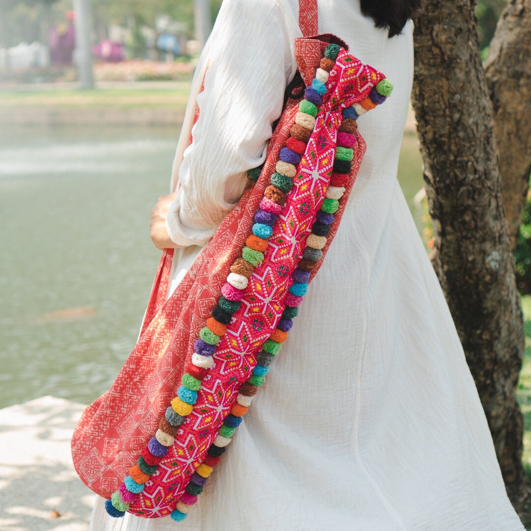 Handcrafted Pom Pom Yoga Mat Bag, Ethnic Batik Yoga Sling Bag, Hmong ...