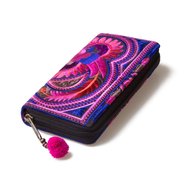 Hmong Embroidered Wallet, Pink Bird Boho Purse, Handmade Tribal Clutch ...
