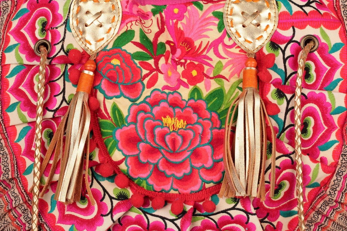 HALF MOON Shoulder Bag with Flower Hmong Tribes Embroidery | Etsy