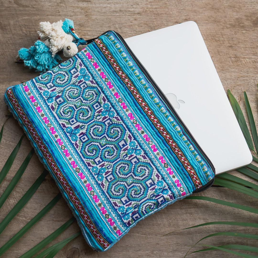 Blue Vintage Hmong Embroidered Laptop Sleeve Case 13 Inch, One of a ...