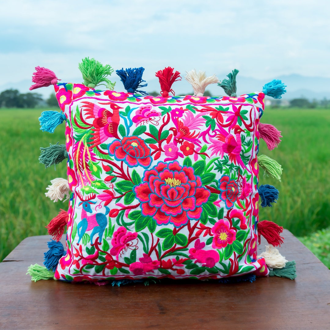 16x16 Hmong Embroidered Pillow Cover, Pink Garden, Colorful Tassels ...