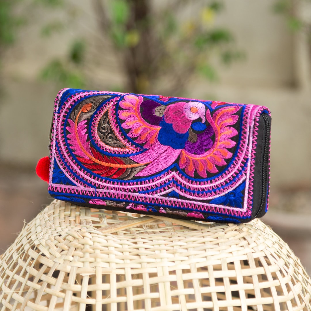 Pink Bird Pattern Boho Wallet/purse With Tribal Hmong Embroidered, Pom ...
