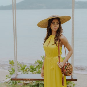 Yellow Bird Pattern Leather Round Crossbody Bag for Women, Unique Hmong ...