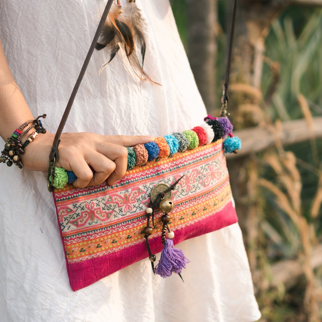 Hmong Purse With Pom Pom, Embroidered Crossbody Bag, One of a Kind ...