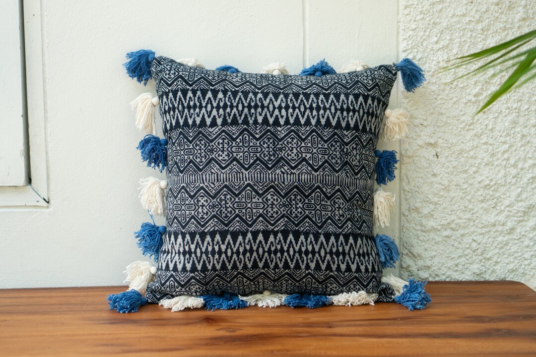 16x16 Navy Batik Pillow Cover, Hmong Tribe Tassels, Thai Cushion Case ...