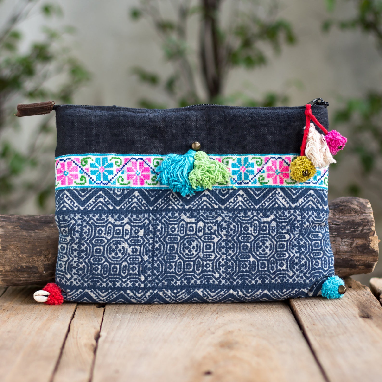Blue Hmong Pom Pom Clutch Unique Tribal Embroidered With Batik Fabric ...