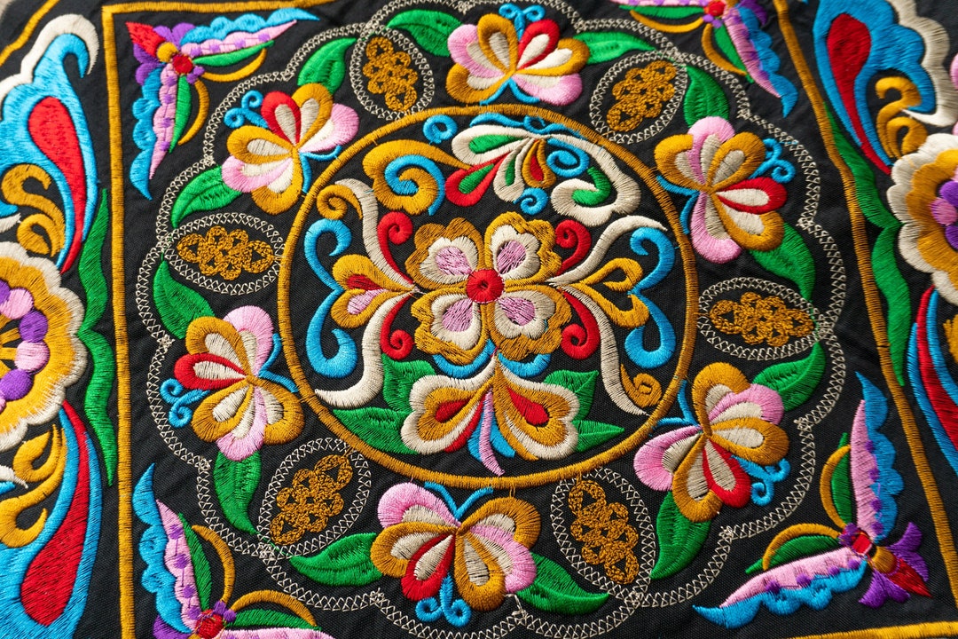 Colorful Butterfly Pattern Hmong Embroidered Textile, Tribal Fabric ...