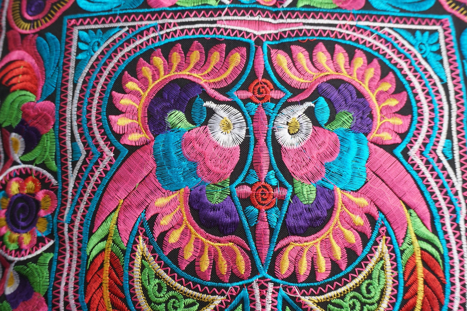 16x16 Colorful Hmong Embroidered Cushion Cover With Tassels, Pom Poms ...