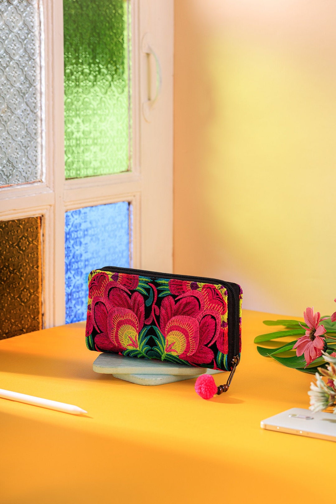 Red Flower Boho Wallet for Women, Hmong Embroidered Purse, Bohemian ...