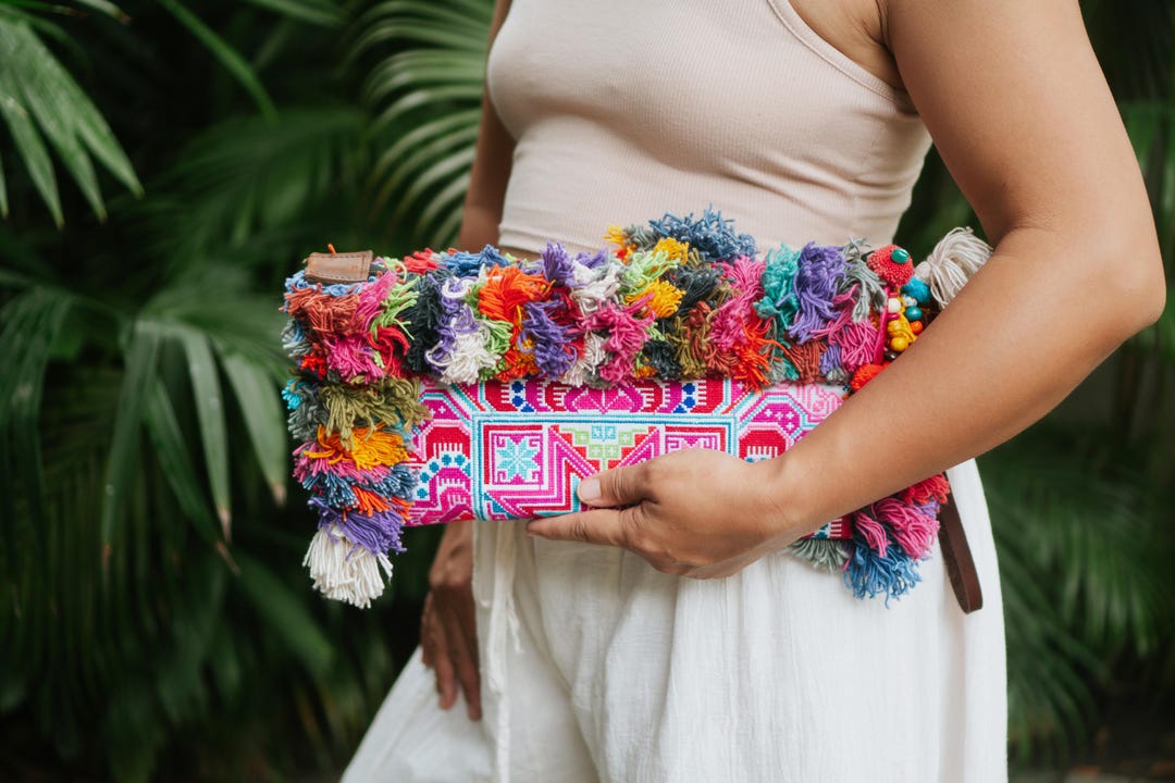 Hmong Embroidered Clutch Bag With Colorful Tassels, Multi Star Pattern ...